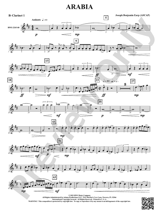 Arabia: 1st B-flat Clarinet: 1st B-flat Clarinet Part: Joseph Benjamin Earp - Digital Sheet ...