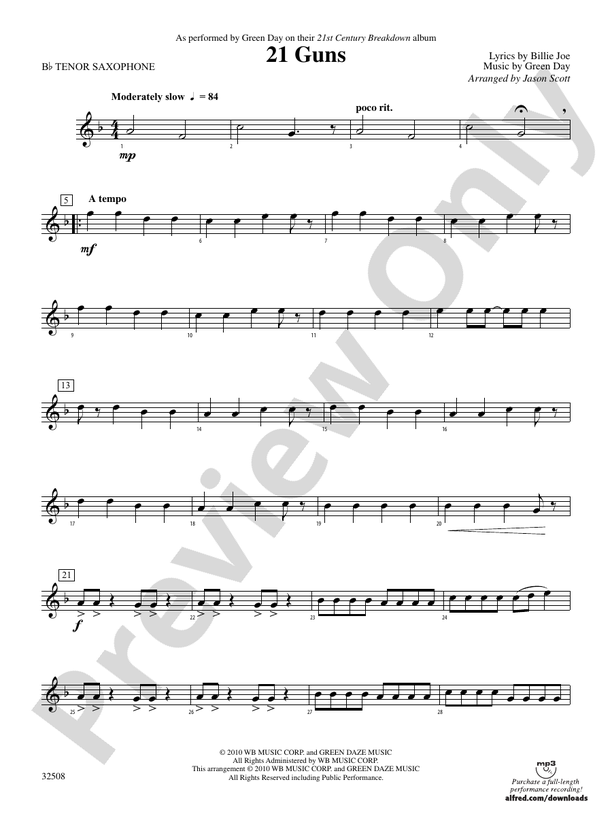 21 Guns: B-flat Tenor Saxophone: B-flat Tenor Saxophone Part - Digital ...