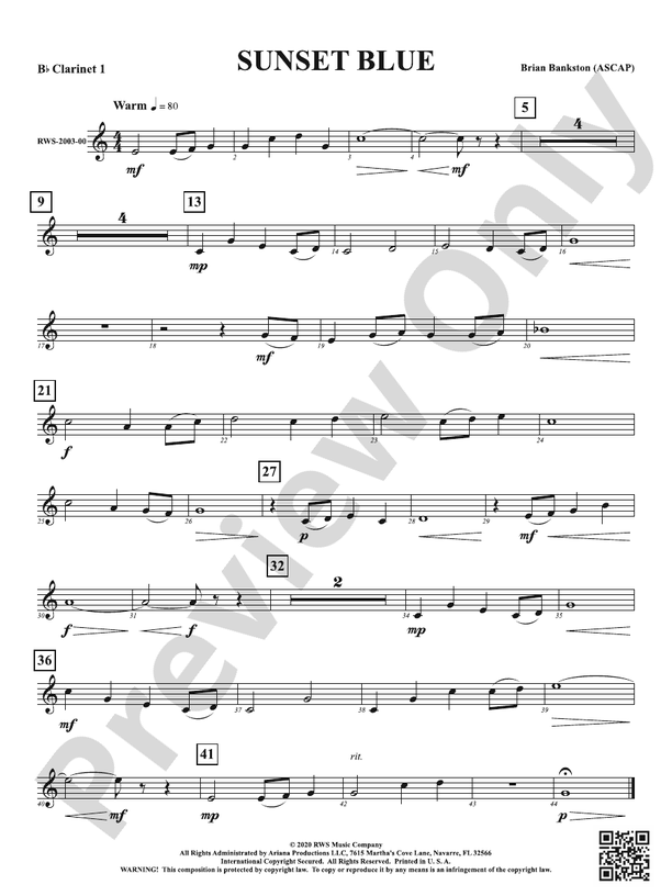 Sunset Blue: 1st B-flat Clarinet: 1st B-flat Clarinet Part: Brian Bankston - Digital Sheet Music ...