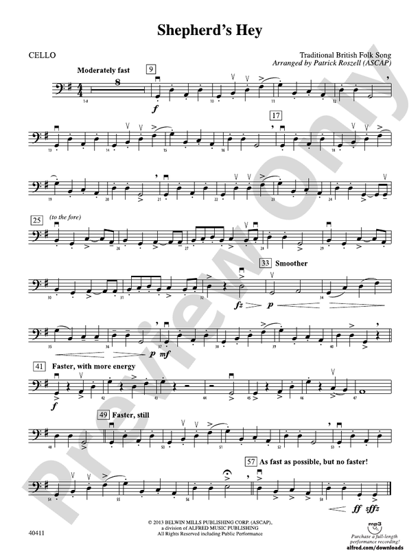 Shepherd's Hey: Cello: Cello Part - Digital Sheet Music Download
