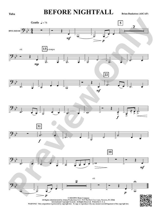Before Nightfall: Tuba: Tuba Part: Brian Bankston - Digital Sheet Music Download