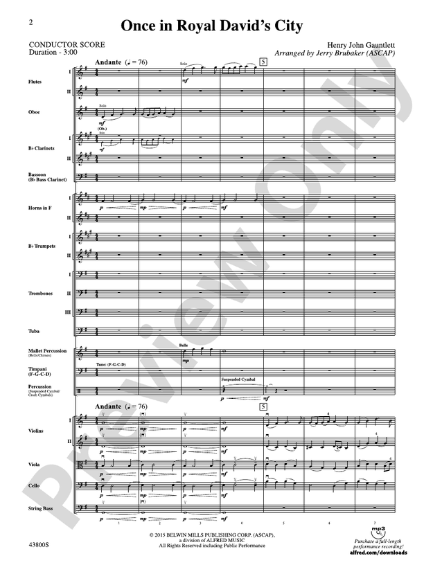 Once in Royal David's City: Full Orchestra Conductor Score & Parts: Henry John Gauntlett ...