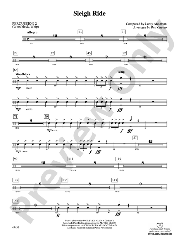 Sleigh Ride: 2nd Percussion: 2nd Percussion Part - Digital Sheet Music ...