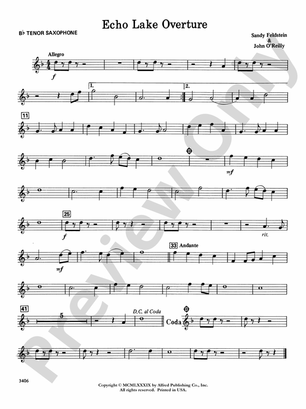 Echo Lake Overture: B-flat Tenor Saxophone: B-flat Tenor Saxophone Part ...