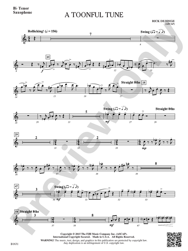 A Toonful Tune: B-flat Tenor Saxophone: B-flat Tenor Saxophone Part: Rick DeJonge - Digital ...