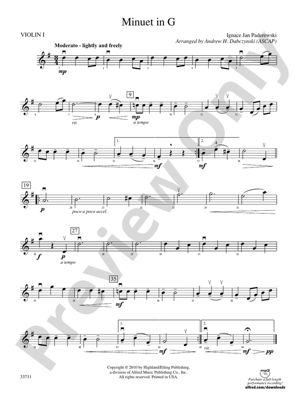 Minuet in G: 1st Violin: 1st Violin Part - Digital Sheet Music Download