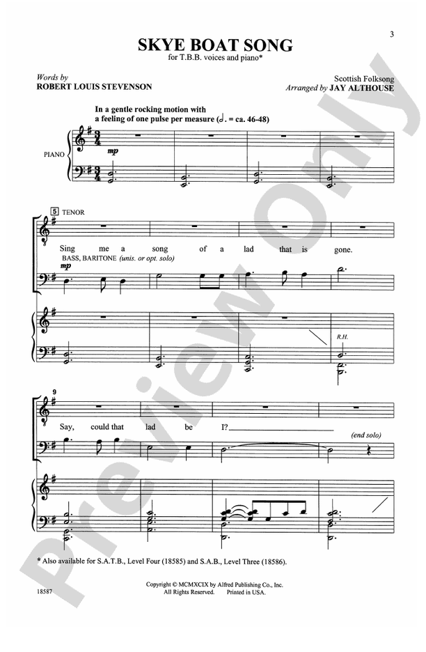 Skye Boat Song: TBB Choral Octavo - Digital Sheet Music Download