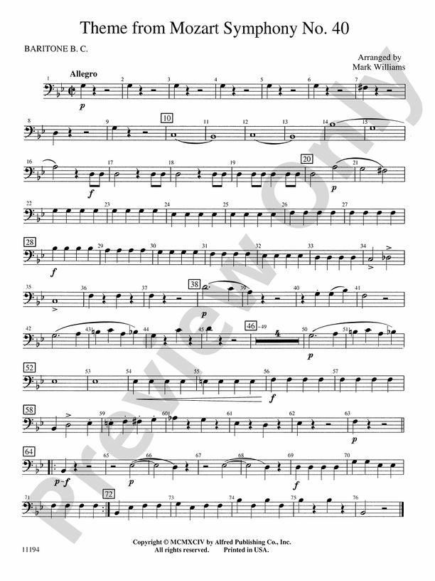 Theme from Mozart Symphony No. 40: Baritone B.C.: Baritone B.C. Part ...
