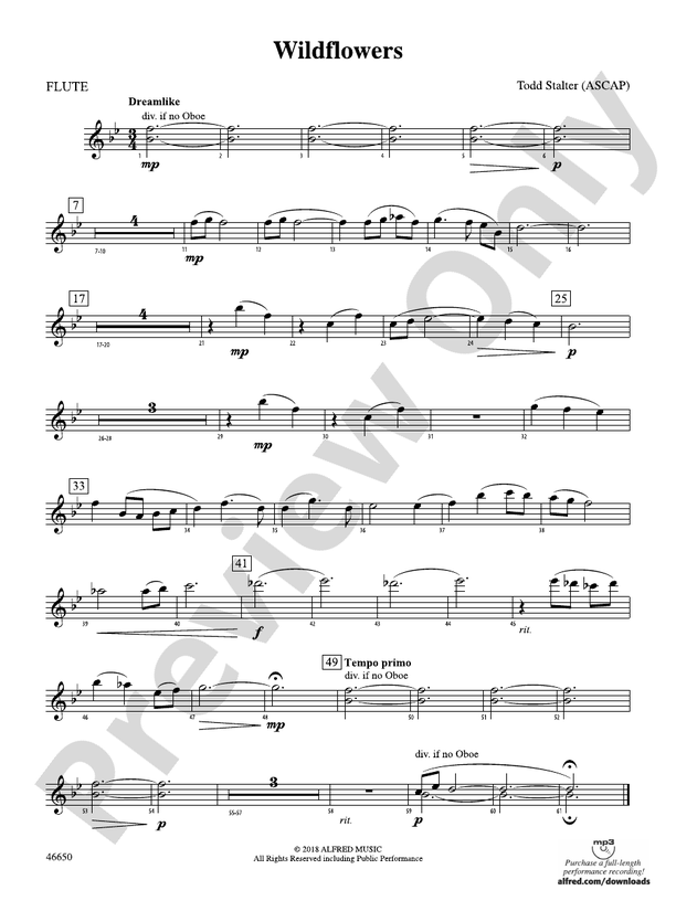 Wildflowers: Flute: Flute Part - Digital Sheet Music Download