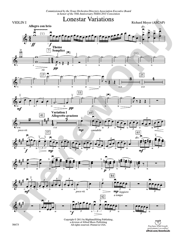 Lonestar Variations: 1st Violin: 1st Violin Part - Digital Sheet Music Download