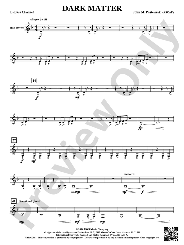 Dark Matter: B-flat Bass Clarinet: B-flat Bass Clarinet Part: John M ...