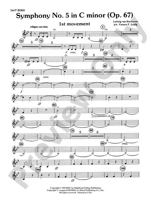 Beethoven's Symphony No. 5, 1st Movement: 2nd F Horn: 2nd F Horn Part ...