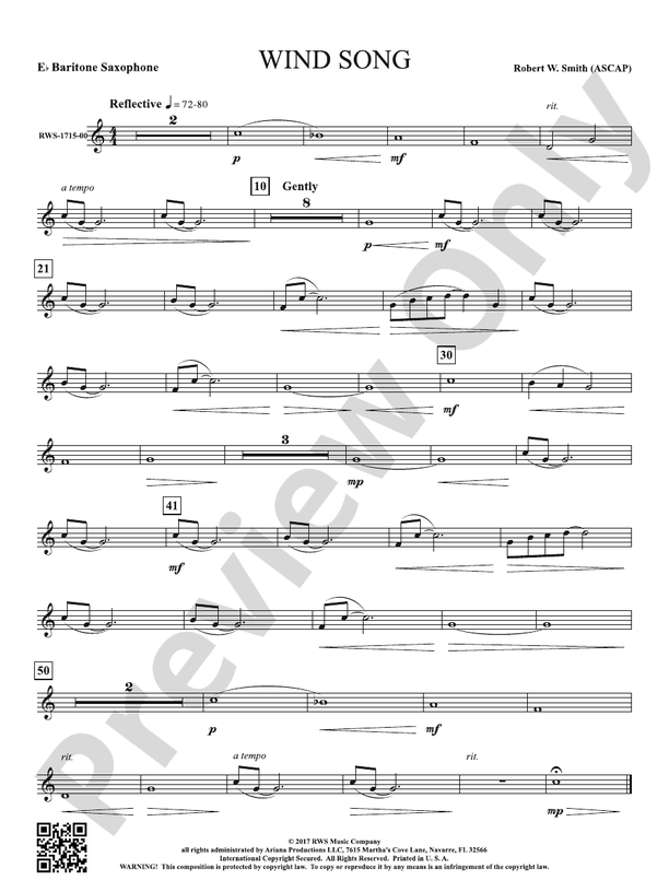 Wind Song: E-flat Baritone Saxophone: E-flat Baritone Saxophone Part: Robert W. Smith - Digital ...