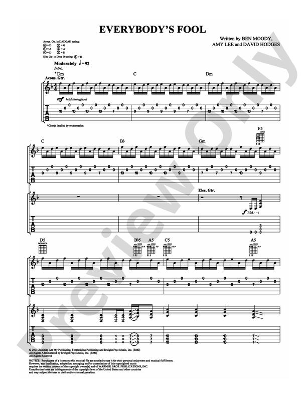 Everybody's Fool: Guitar TAB: Evanescence - Digital Sheet Music Download