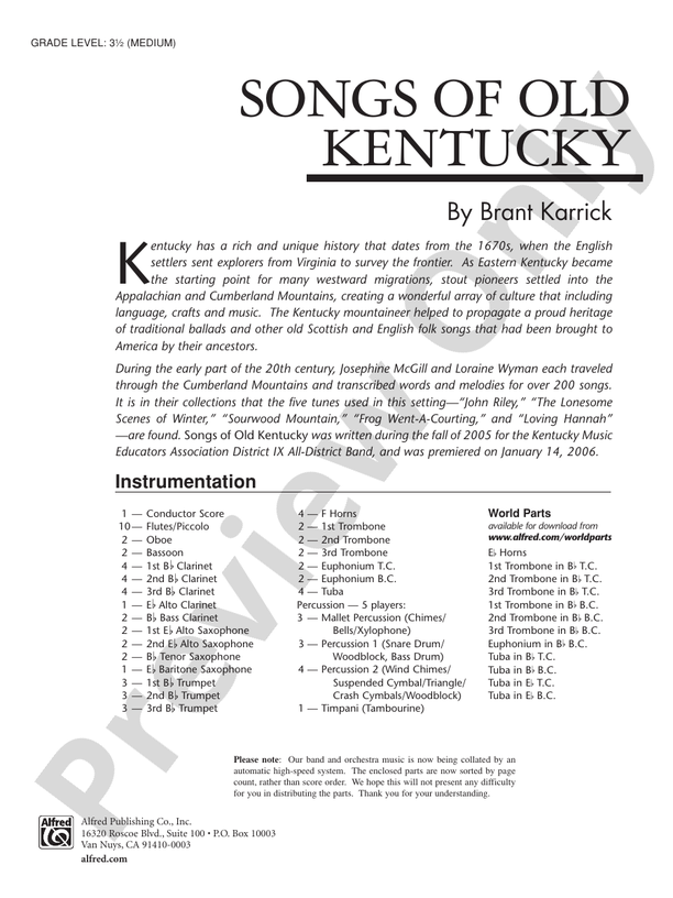 Songs of Old Kentucky: Score: Concert Band Score - Digital Sheet Music ...