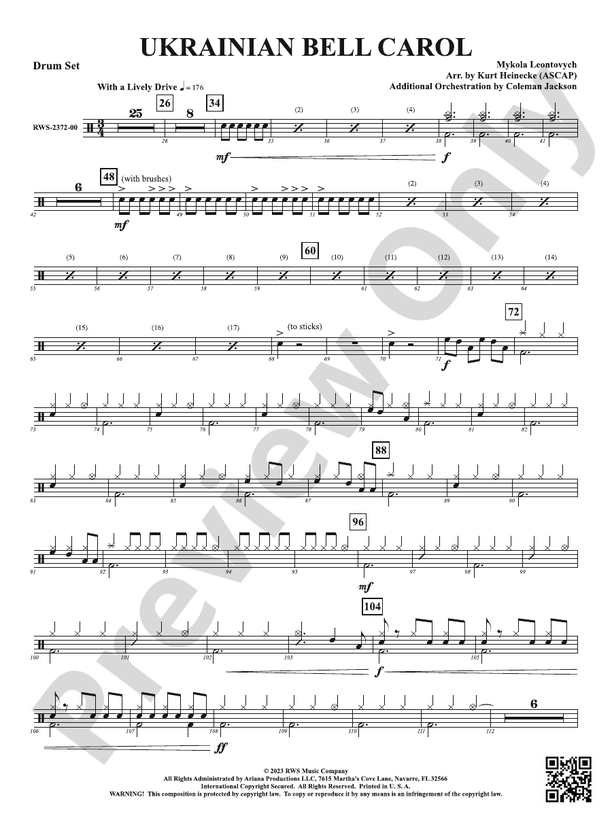 Ukrainian Bell Carol: Drumset: Drumset Part - Digital Sheet Music Download