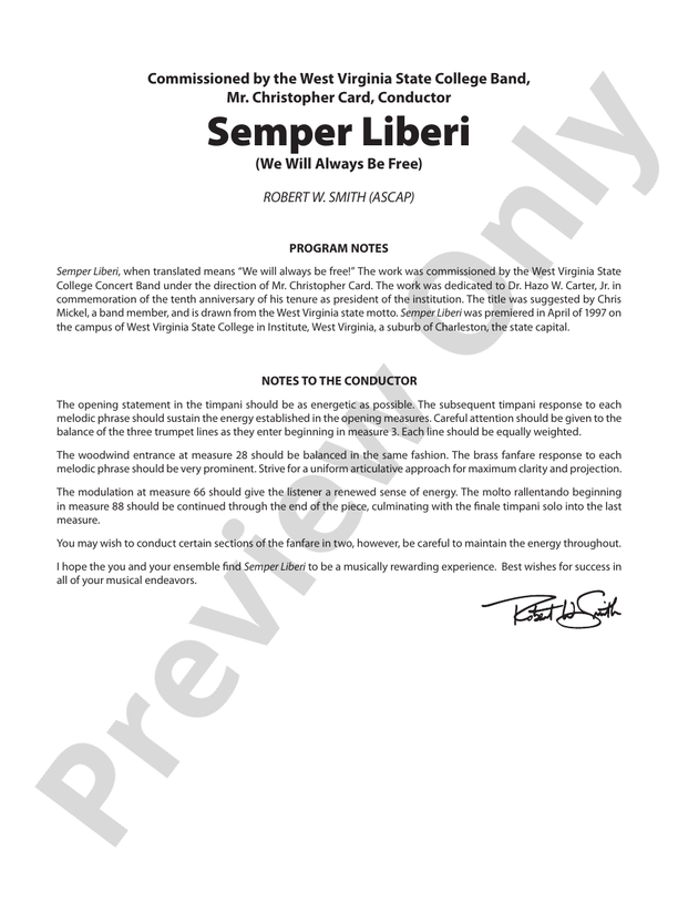 Semper Liberi (We Will Always Be Free): Concert Band Conductor Score ...