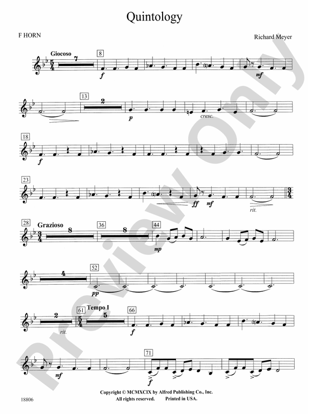 Quintology: 1st F Horn: 1st F Horn Part - Digital Sheet Music Download