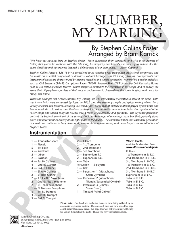 Slumber, My Darling: Concert Band Conductor Score & Parts: Brant ...
