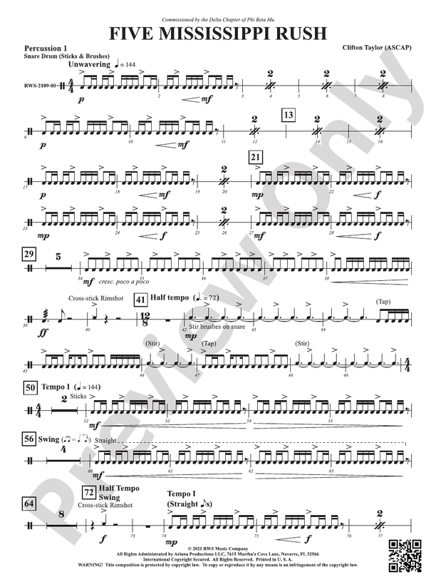 Five Mississippi Rush: 1st Percussion: 1st Percussion Part: Clifton ...