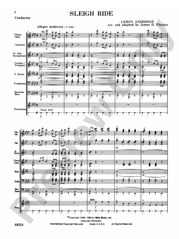 Sleigh Ride: Concert Band Conductor Score & Parts: Leroy Anderson ...