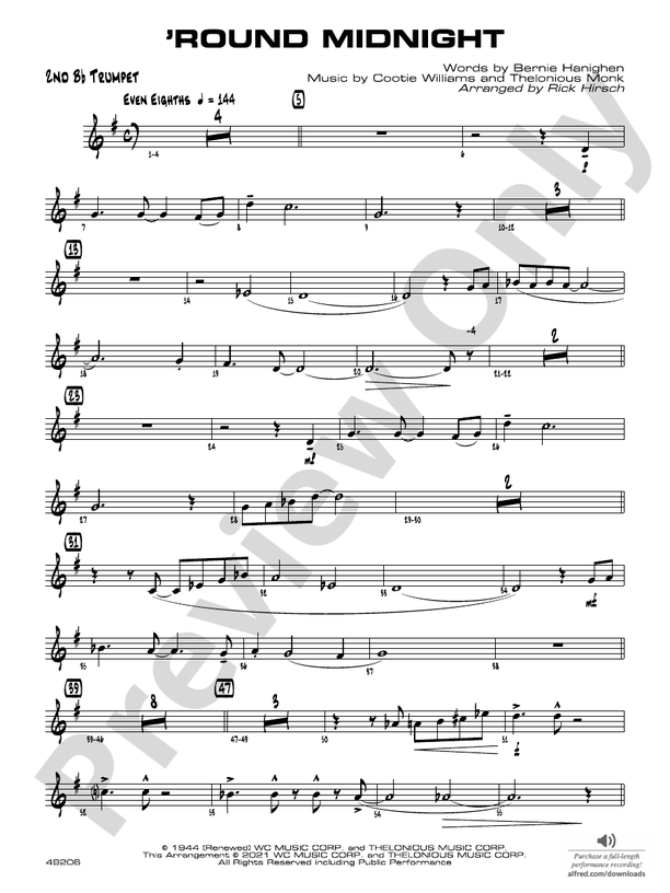 'Round Midnight: 2nd B-flat Trumpet: 2nd B-flat Trumpet Part - Digital Sheet Music Download