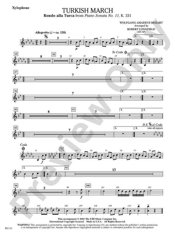 Turkish March (Rondo alla Turca): Xylophone: Xylophone Part: Wolfgang ...