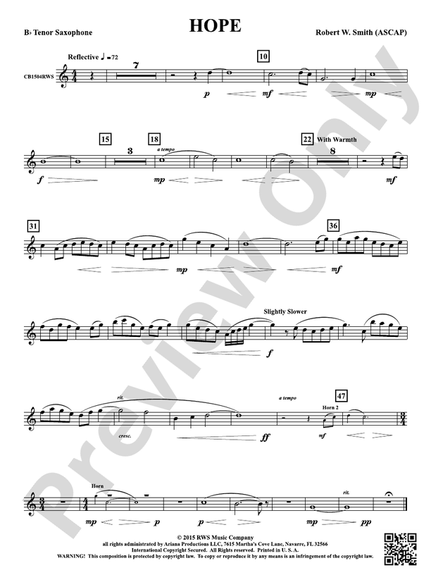 Hope: B-flat Tenor Saxophone: B-flat Tenor Saxophone Part: Robert W. Smith - Digital Sheet Music ...