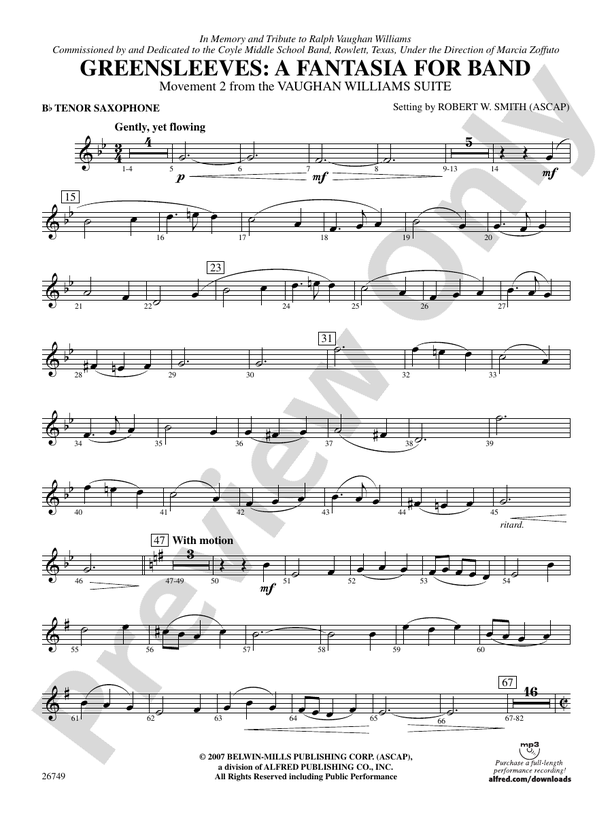 Greensleeves: A Fantasia for Band: B-flat Tenor Saxophone: B-flat Tenor Saxophone Part - Digital ...