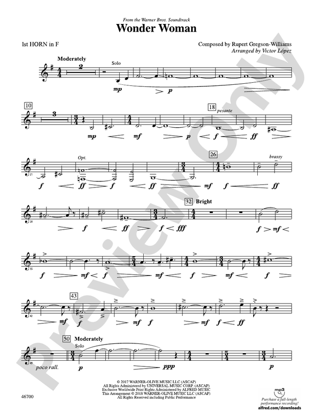 Wonder Woman: From the Warner Bros. Soundtrack: 1st F Horn: 1st F Horn ...