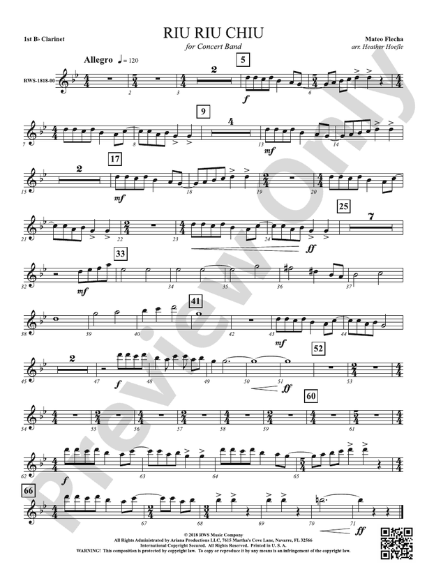 Riu Riu Chiu: 1st B-flat Clarinet: 1st B-flat Clarinet Part - Digital ...