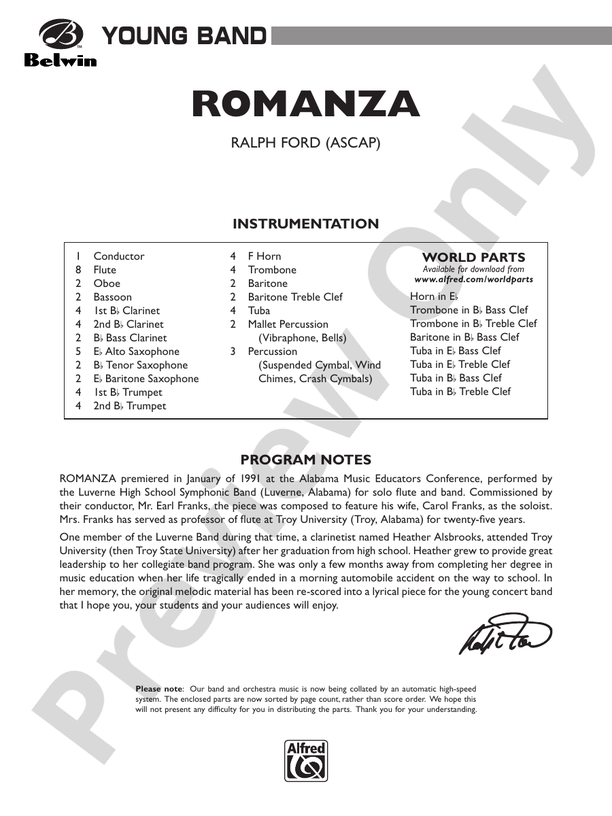 Romanza: Concert Band Conductor Score & Parts: Ralph Ford - Digital Sheet Music Download