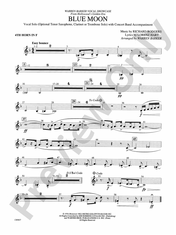 Blue Moon: 4th F Horn: 4th F Horn Part - Digital Sheet Music Download