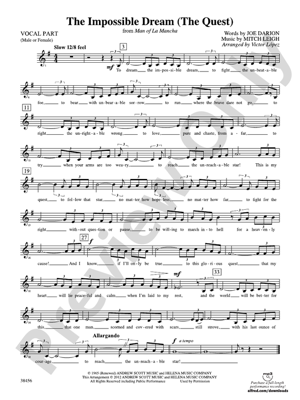 The Impossible Dream (from Man of La Mancha): Vocals: Vocals Part - Digital Sheet Music Download