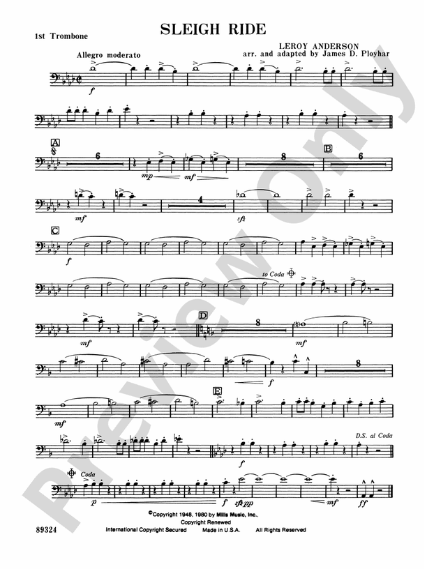 Sleigh Ride: 1st Trombone: 1st Trombone Part - Digital Sheet Music Download