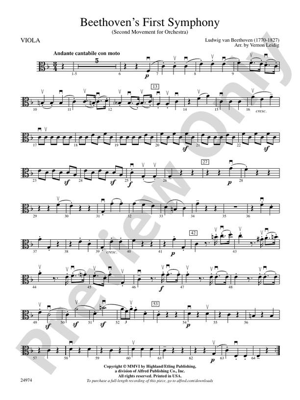 Beethoven's First Symphony, Second Movement: Viola: Viola Part ...