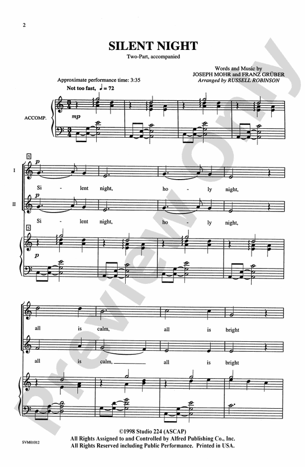 Silent Night: 2-Part Choral Octavo: Joseph Mohr - Digital Sheet Music ...
