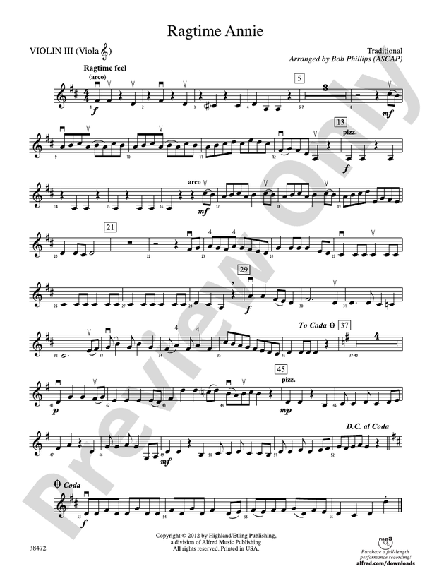 Ragtime Annie: 3rd Violin (Viola [TC]): 3rd Violin (Viola [TC]) Part ...
