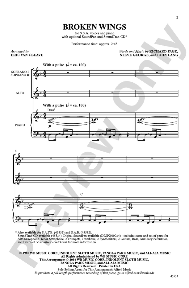 Broken Wings: SSA Choral Octavo: Richard Page - Digital Sheet Music Download