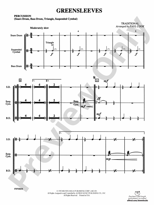 Greensleeves: 1st Percussion: 1st Percussion Part - Digital Sheet Music ...