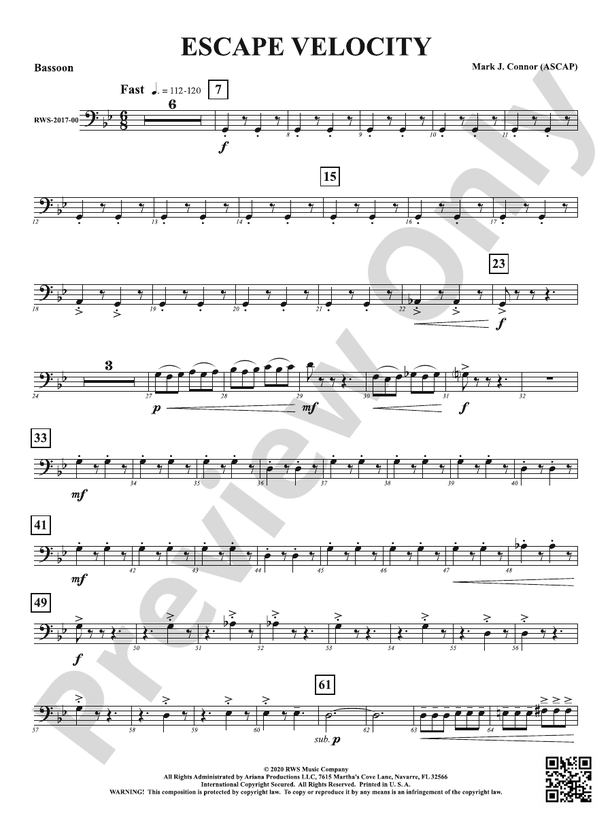 Escape Velocity: Bassoon: Bassoon Part: Mark J. Connor - Digital Sheet Music Download