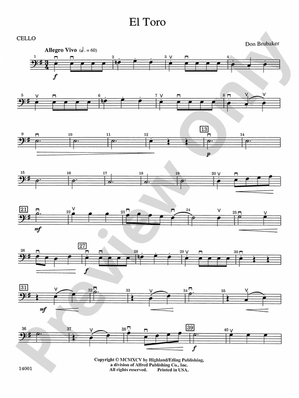El Toro: Cello: Cello Part - Digital Sheet Music Download