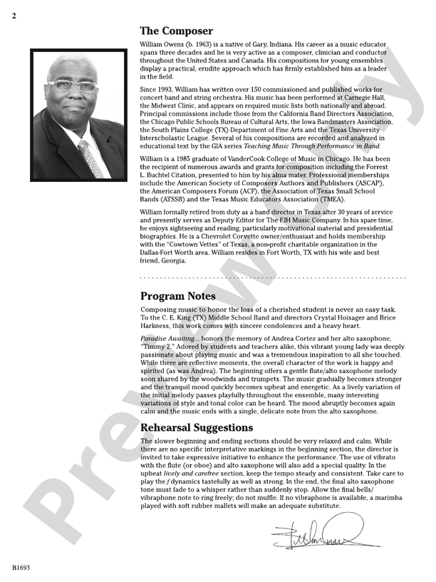 Paradise Awaiting...: Score: Concert Band Score: William Owens ...