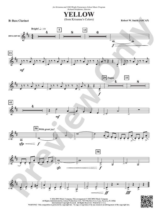 Yellow - From Krisanna's Colors: Bass Clarinet: Bass Clarinet Part: Robert W. Smith - Digital ...