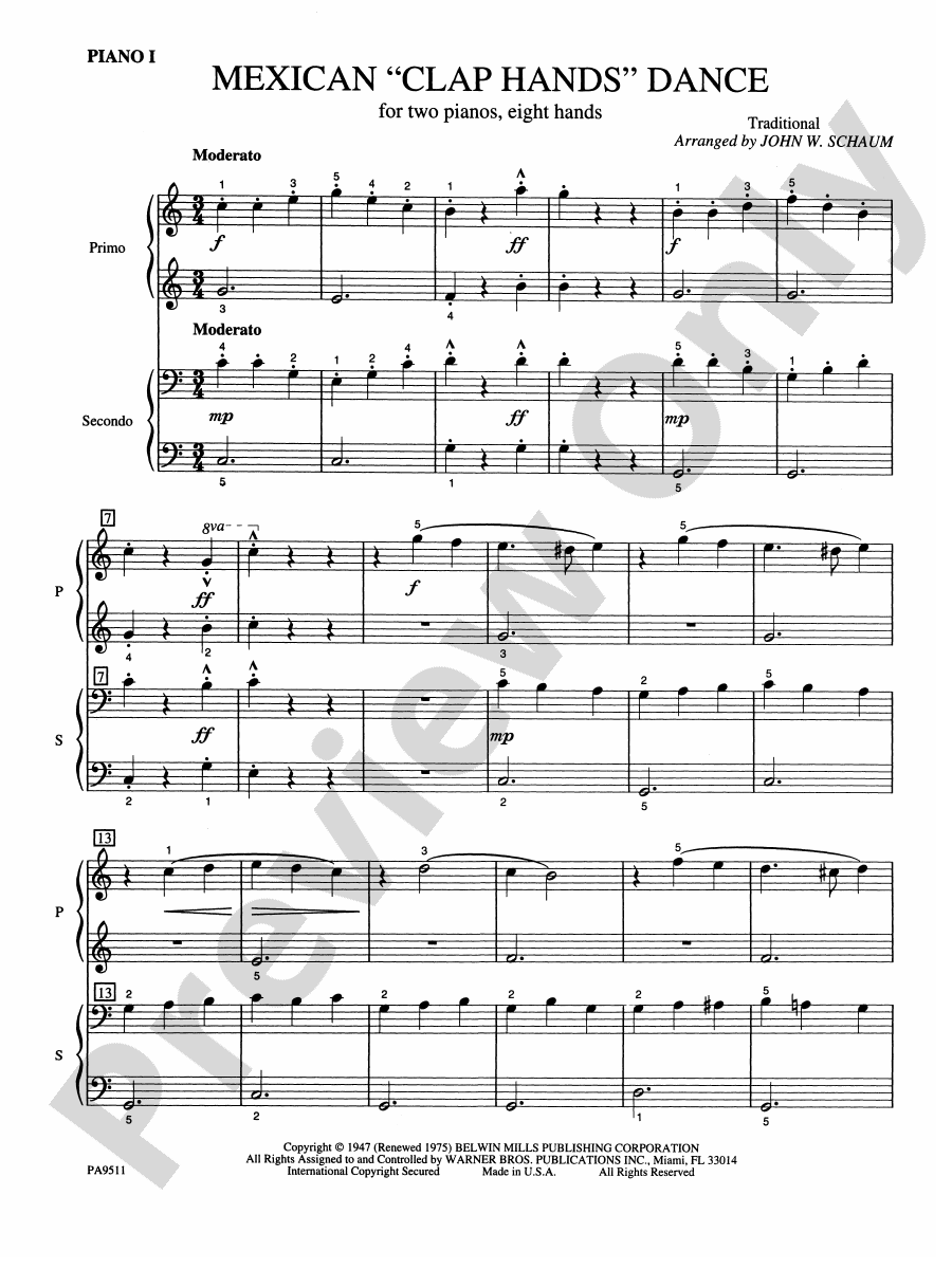 Mexican "Clap Hands" Dance - Piano Quartet (2 Pianos, 8 Hands): Piano ...