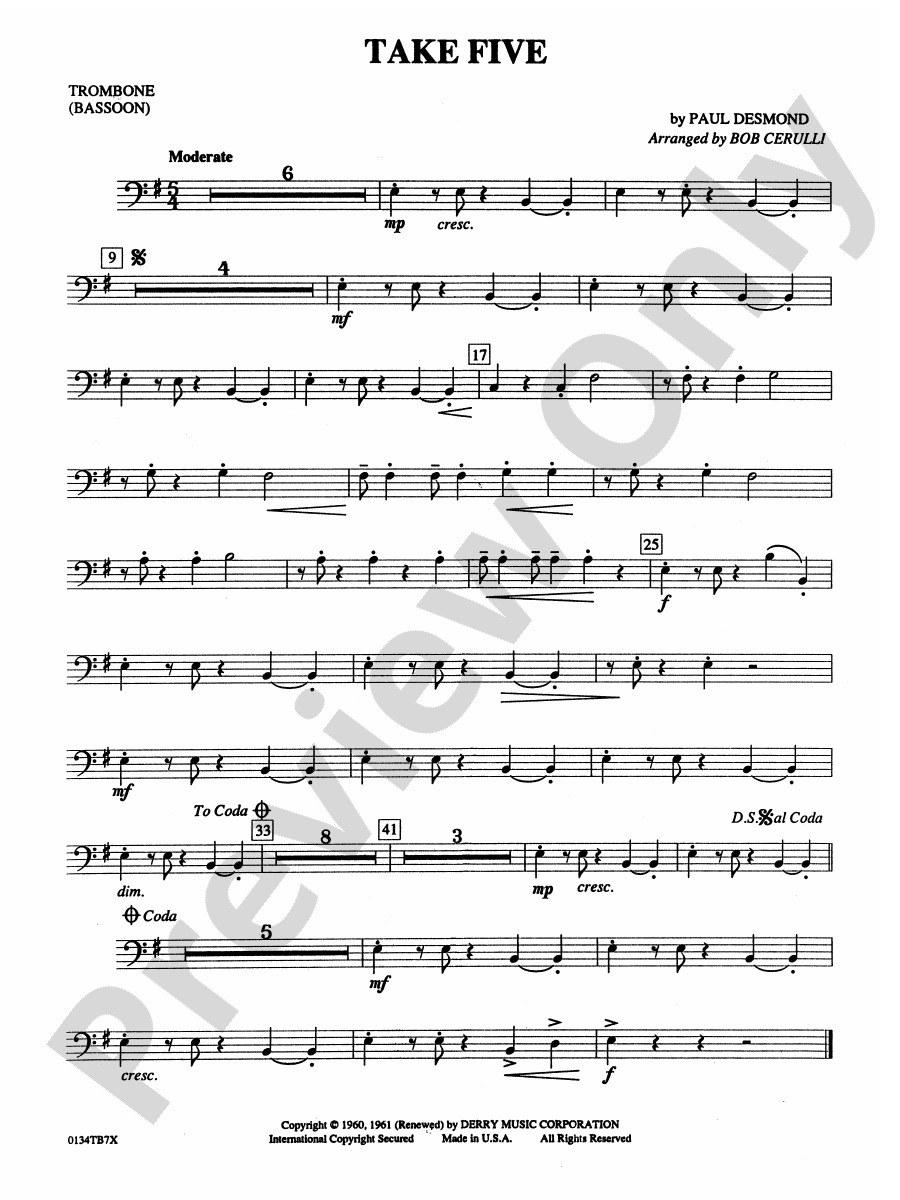 Take Five: 1st Trombone: 1st Trombone Part - Digital Sheet Music Download