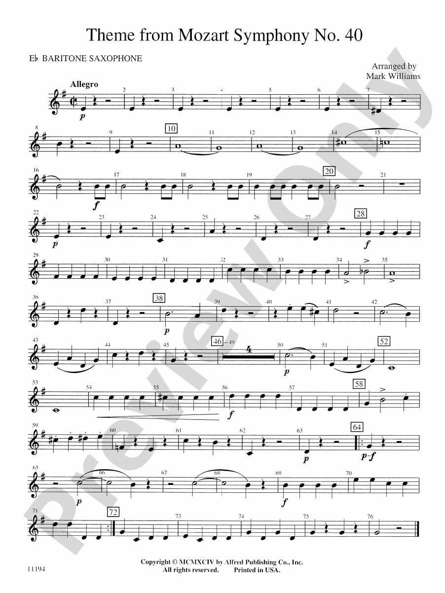 Theme from Mozart Symphony No. 40: E-flat Baritone Saxophone: E-flat ...