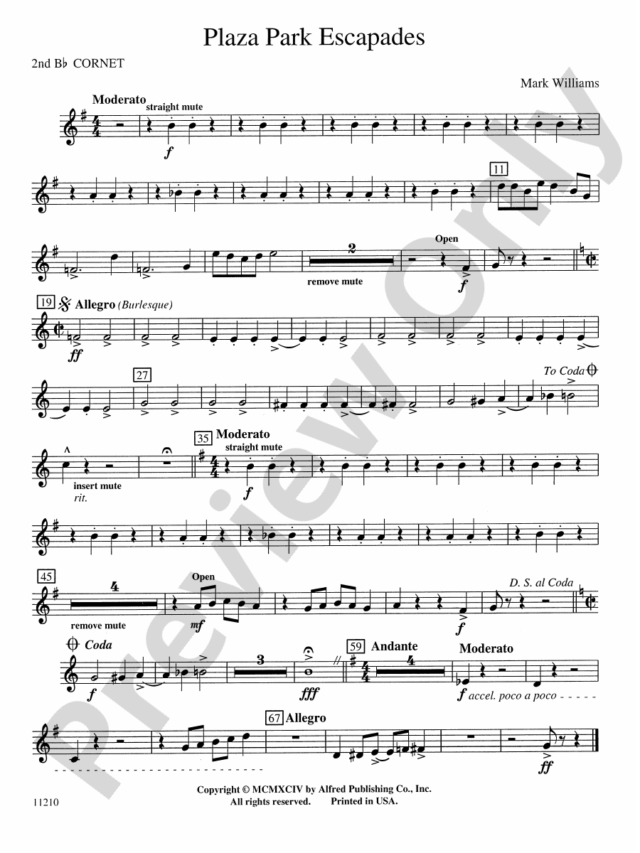 Plaza Park Escapades: 2nd B-flat Cornet: 2nd B-flat Cornet Part - Digital Sheet Music Download