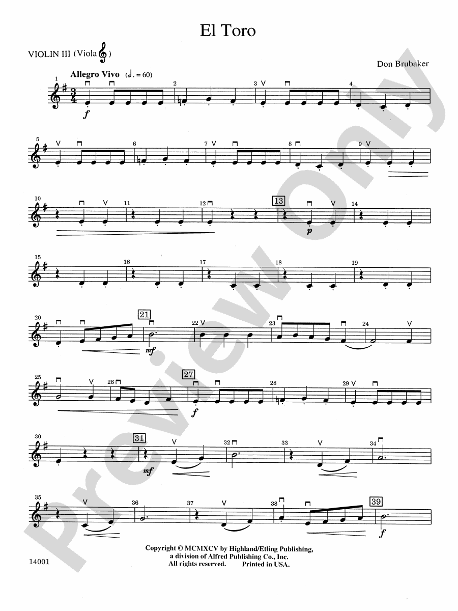 El Toro: 3rd Violin (Viola [TC]): 3rd Violin (Viola [TC]) Part ...