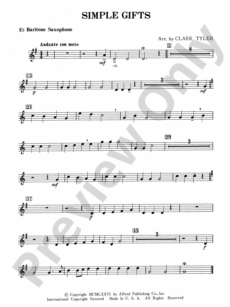 Simple Gifts (Shaker Folk Tune): E-flat Baritone Saxophone: E-flat ...